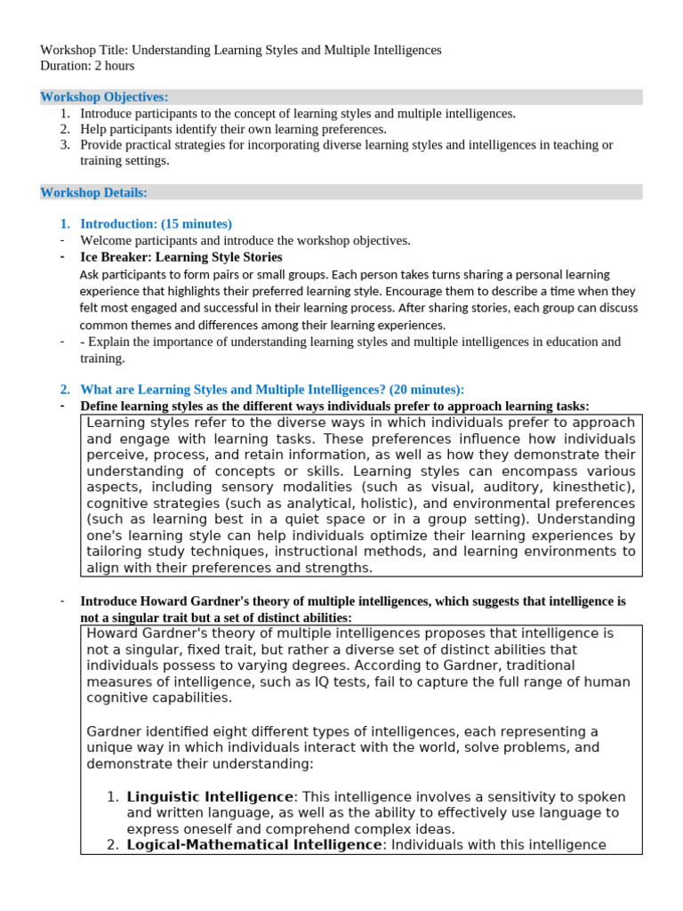 Learning Styles and Multiple Intelligences Workshop Plan | PDF ...