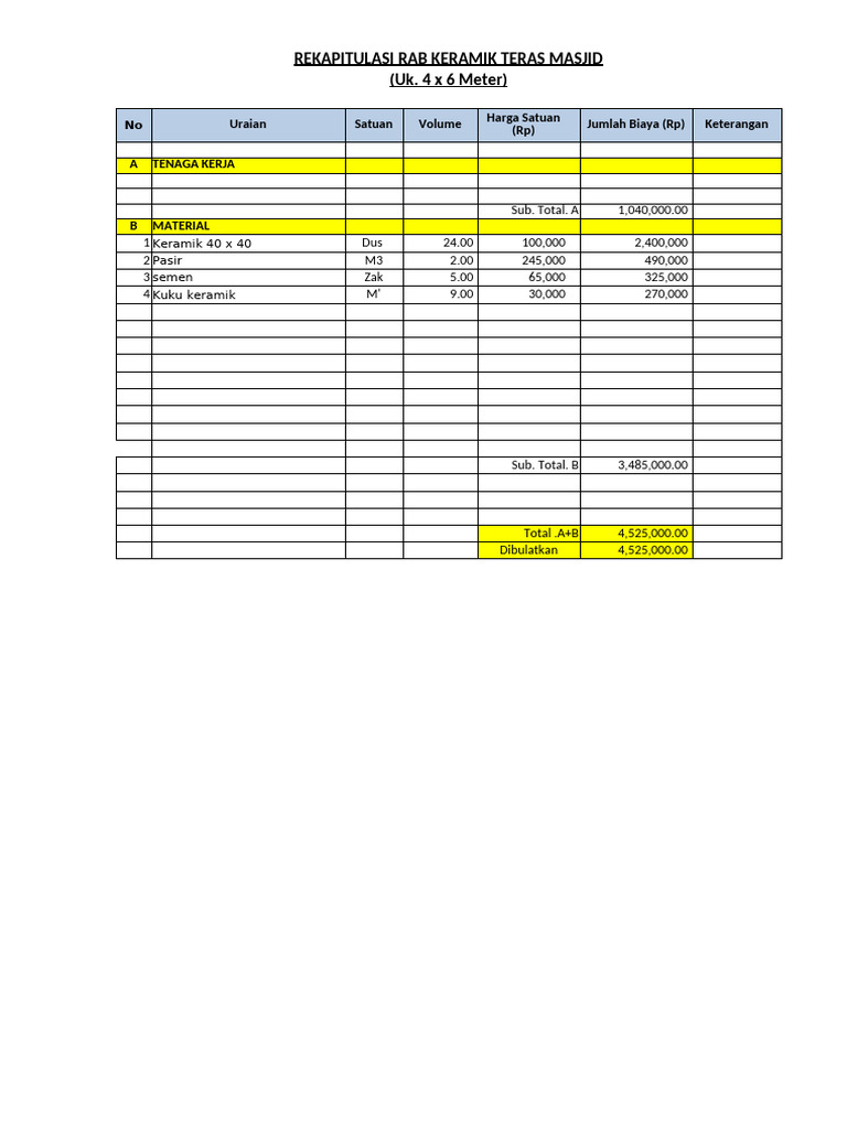 Rekap Upah Dan Material Keramik Teras Masjid | PDF