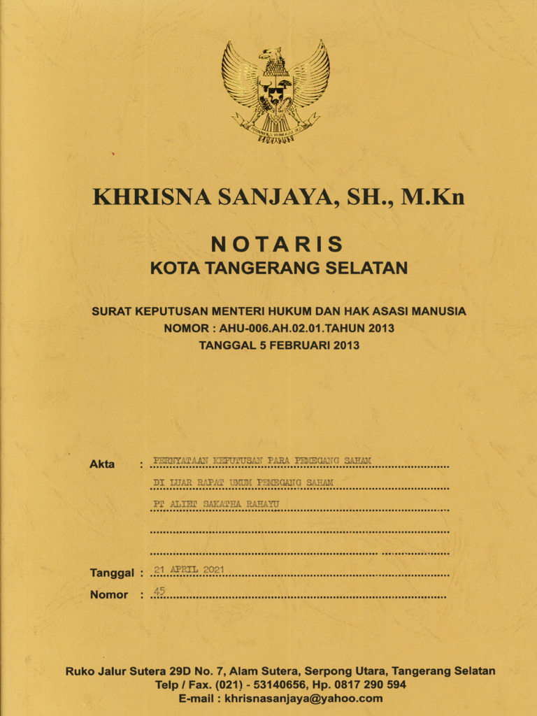Akta No. 45 Tgl 21 April 2021 (PT Aliet Sakata Rahayu) -ASR | PDF
