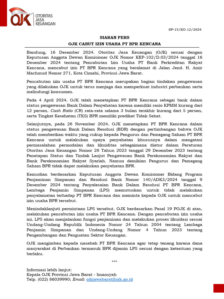 Siaran Pers SP-15 CIU PT BPR Kencana | PDF