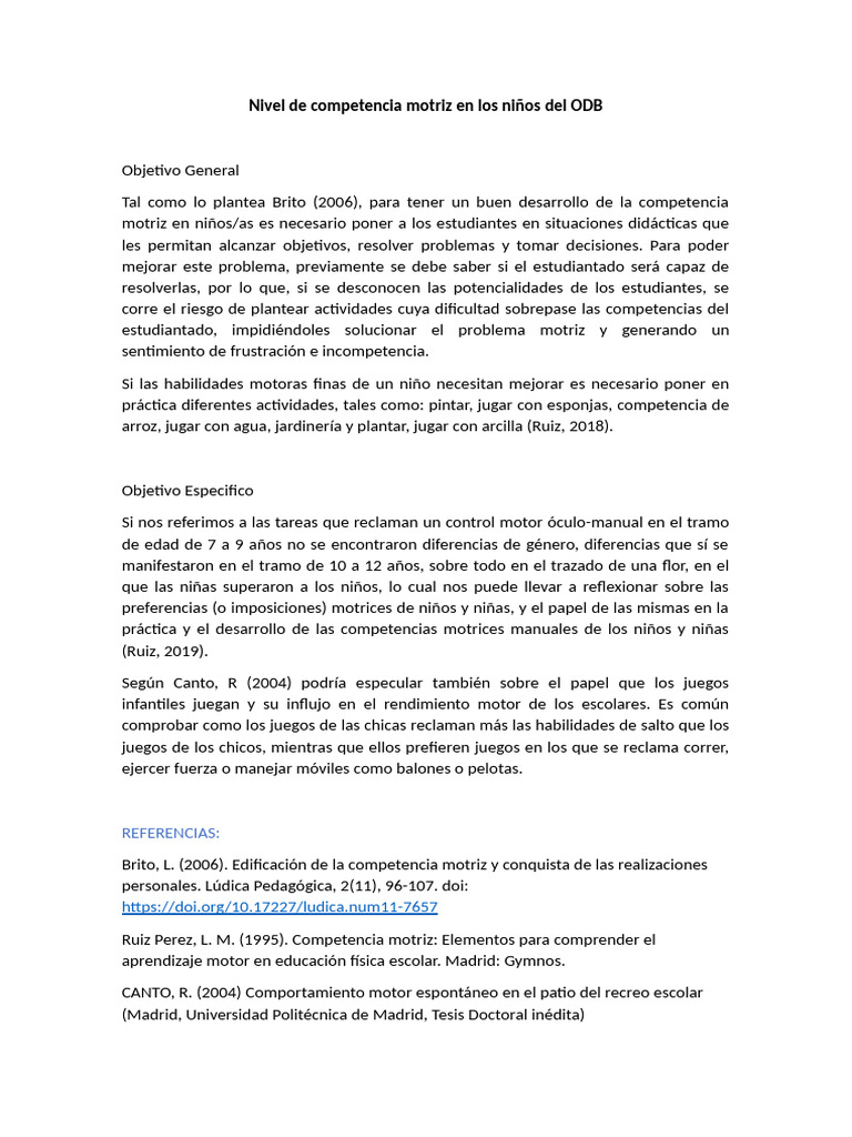 Desarrollo de La Competencia Motriz en Los Niños Del Odb | PDF