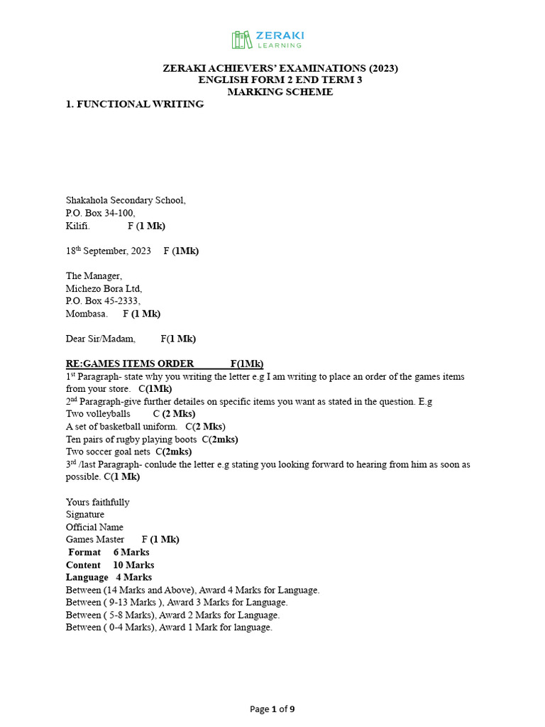 English - English Form 2 - Marking Scheme | PDF | Grammar | Linguistics