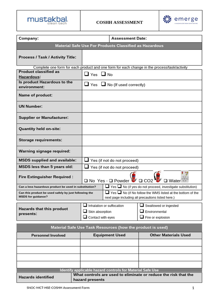 41. SNOC-MCT-HSE-COSHH Assessment Form | PDF | Personal Protective ...