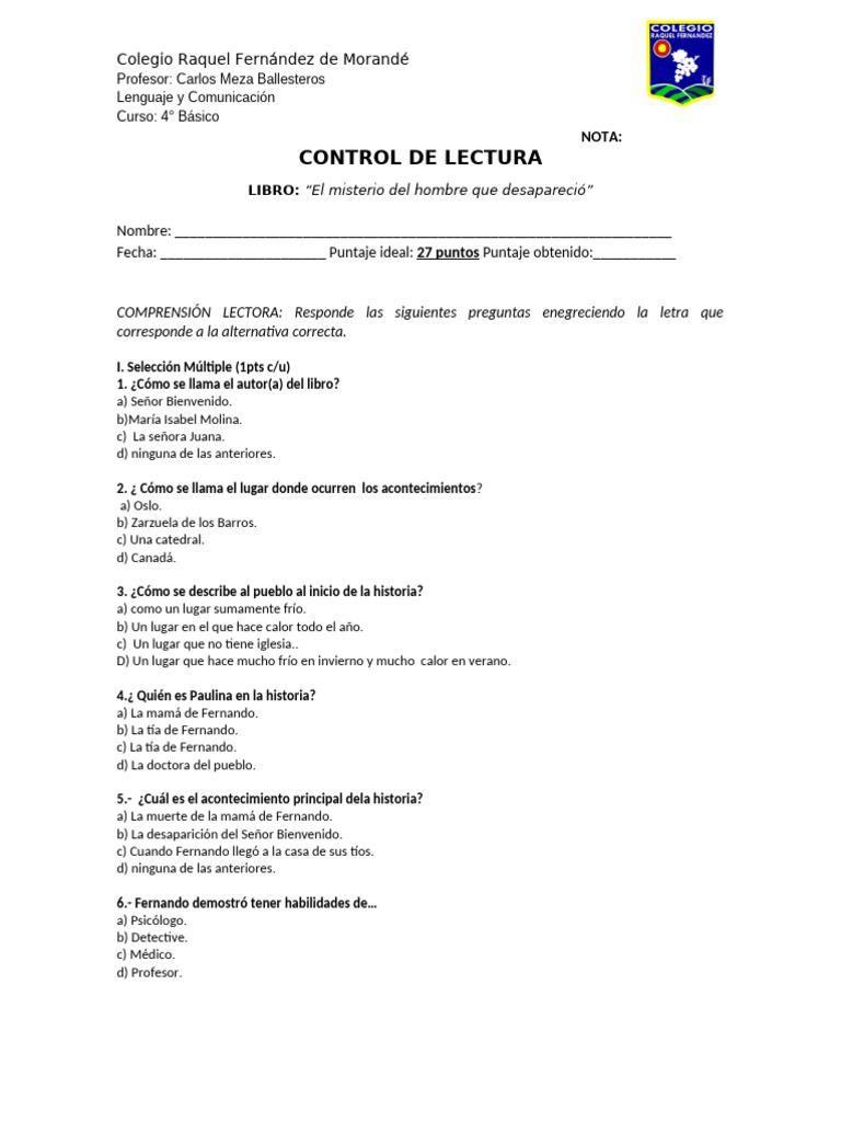 Control de Lectura: "El misterio del hombre que desapareció" | PDF