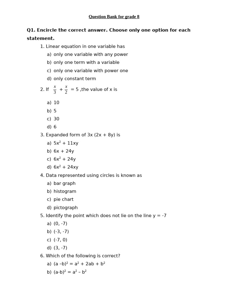 Question Bank For Grade 8 | PDF | Area | Mathematics