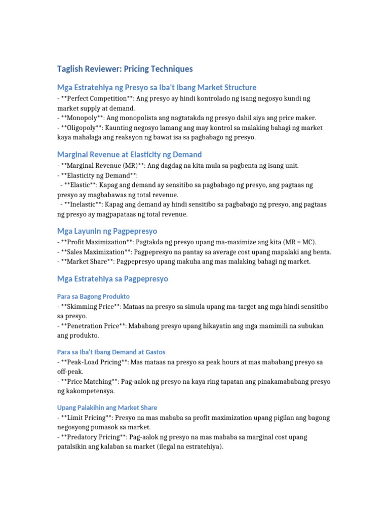 Taglish Pricing Techniques Reviewer | PDF