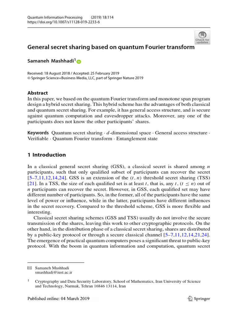 2018general Secret Sharing Based On Quantum Fourier Transform | PDF ...