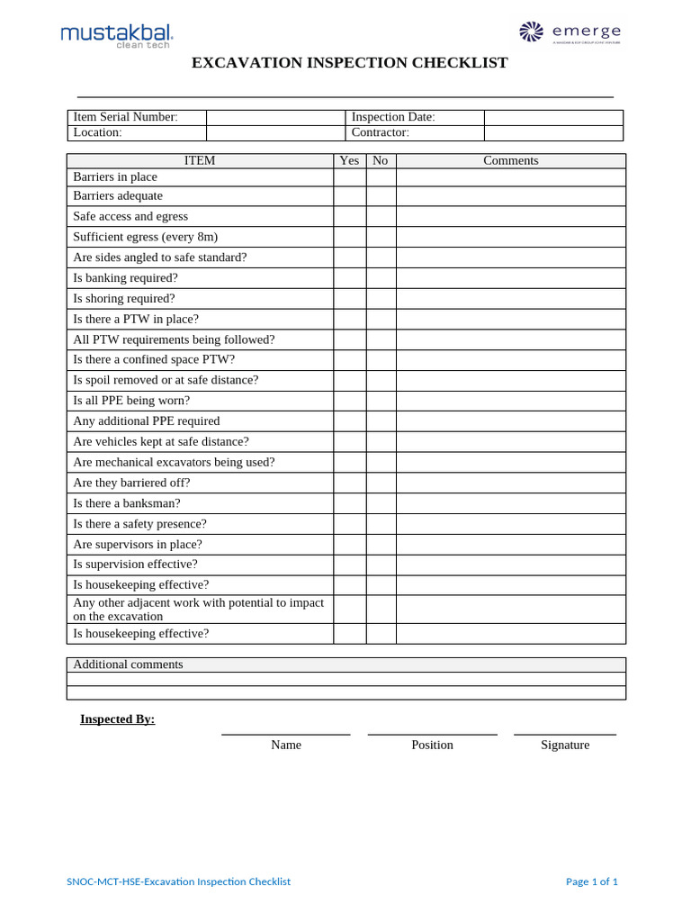Excavation Safety Inspection Checklist | PDF