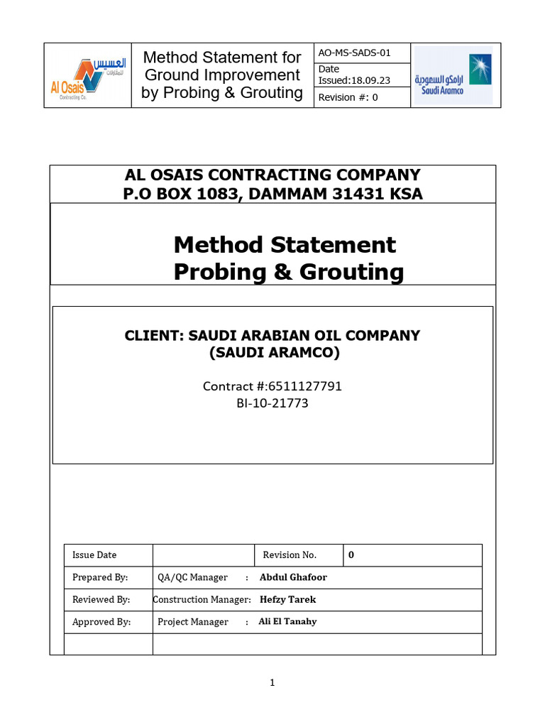 Method Statement For Probing and Grouting For Saudi Aramco Dammam StadiumF | PDF | Density ...
