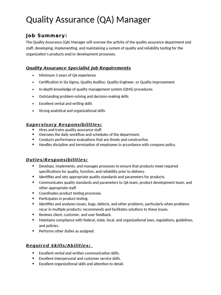 QA Manager Job Description and Duties | PDF | Quality Assurance ...