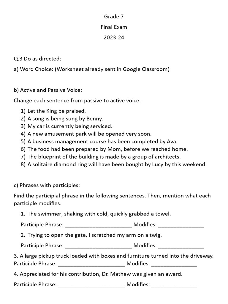 Grade 7 Final Exam 2023-24 Q.3. | PDF | Sentence (Linguistics)