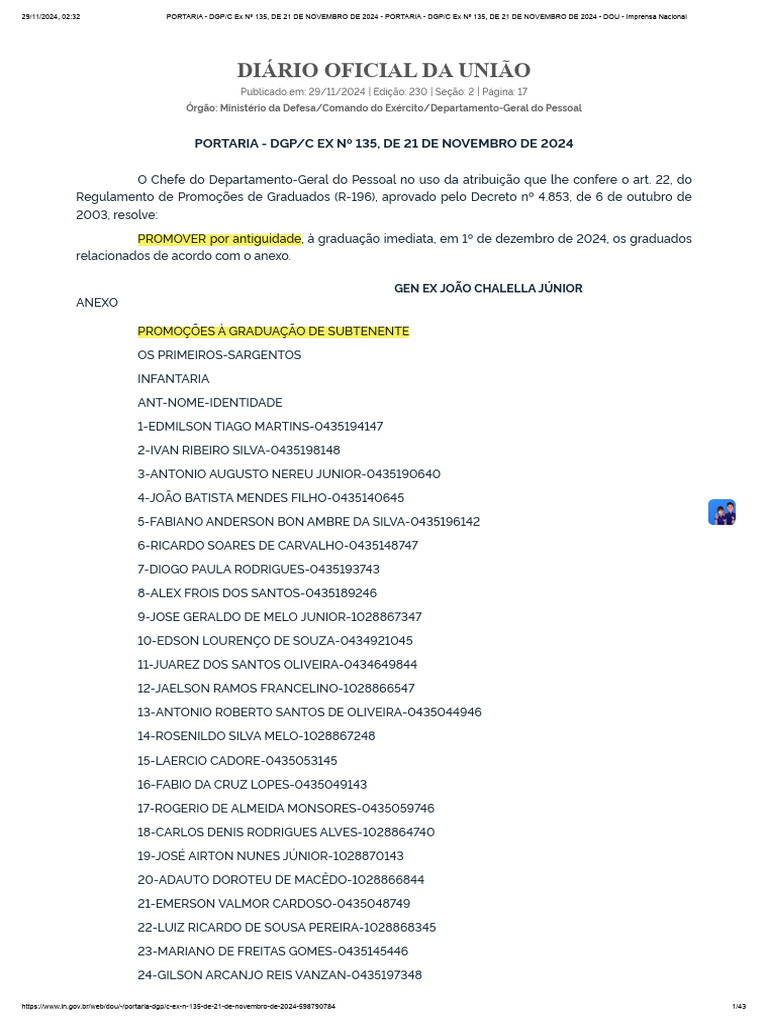 PORTARIA - DGP - C Ex #135, DE 21 DE NOVEMBRO DE 2024 - PORTARIA - DGP ...
