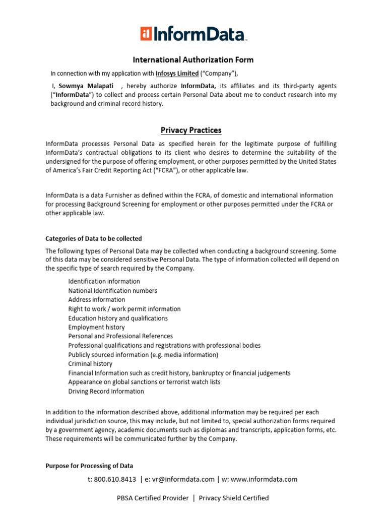 SJV - InformData International Authorization Form | PDF | Criminal ...