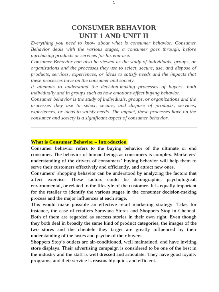 CB Unit 1 and Unit 2 | PDF | Consumer Behaviour | Behavior