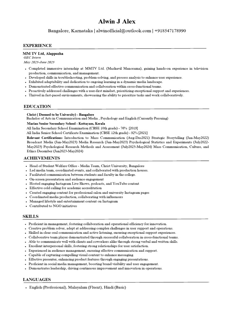 Alwin J Alex - Resume | PDF | Communication | Collaboration
