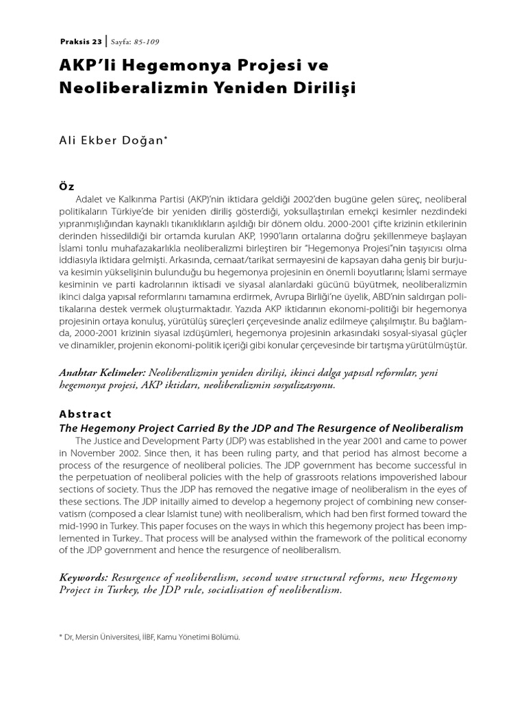 Ali Ekber Doğan AKP'li HEgemonya Projesi Ve Neoliberlizmin Dirilişi | PDF
