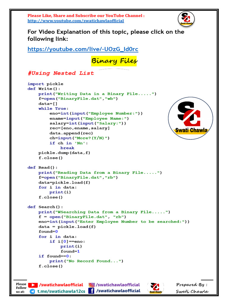 March 19 (Binary and CSV Files by Swati Chawla) | PDF | Computing | Computer Data