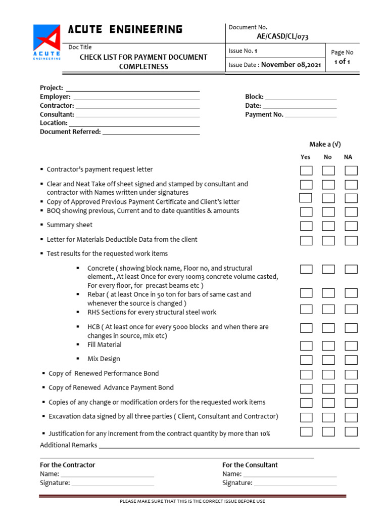 Checklist for Payment Document Completeness | PDF | Building ...