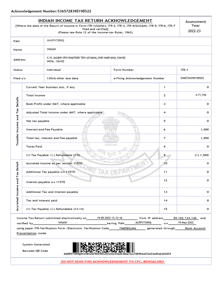 ITR VIKASH 22-23 | PDF | Taxes | Income Tax