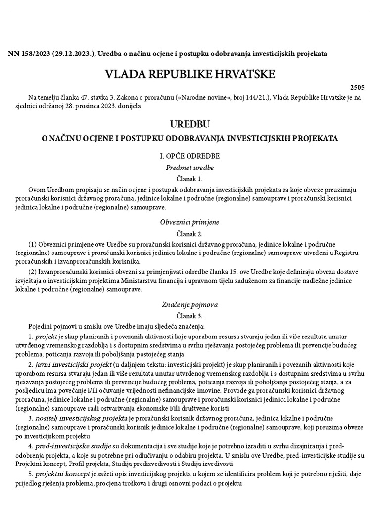 Uredba o Načinu Ocjene I Postupku Odobravanja Investicijskih Projekata | PDF