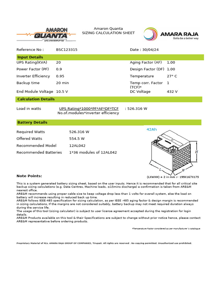 Amaron Quanta Battery Sizing Calculator | PDF | Power Inverter | Electronics