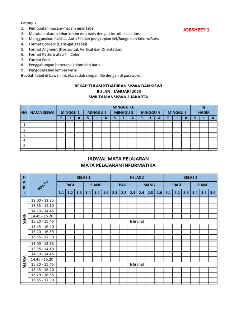 Jobsheet 1 Microsoft Excel - Harseno | PDF