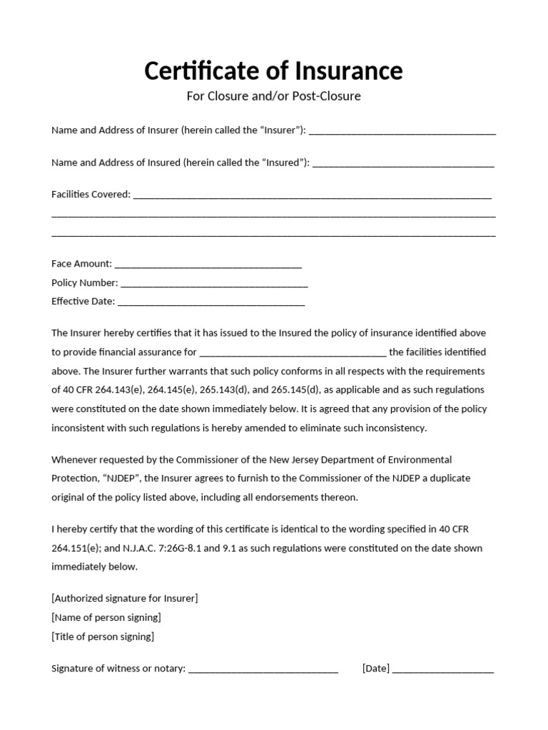 Certificate of Insurance For Closure and Post Closure Template | PDF