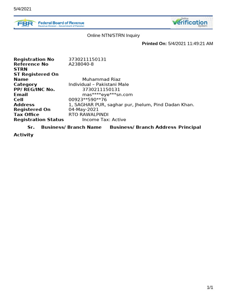 FBR Online NTN STRN Certificate | PDF