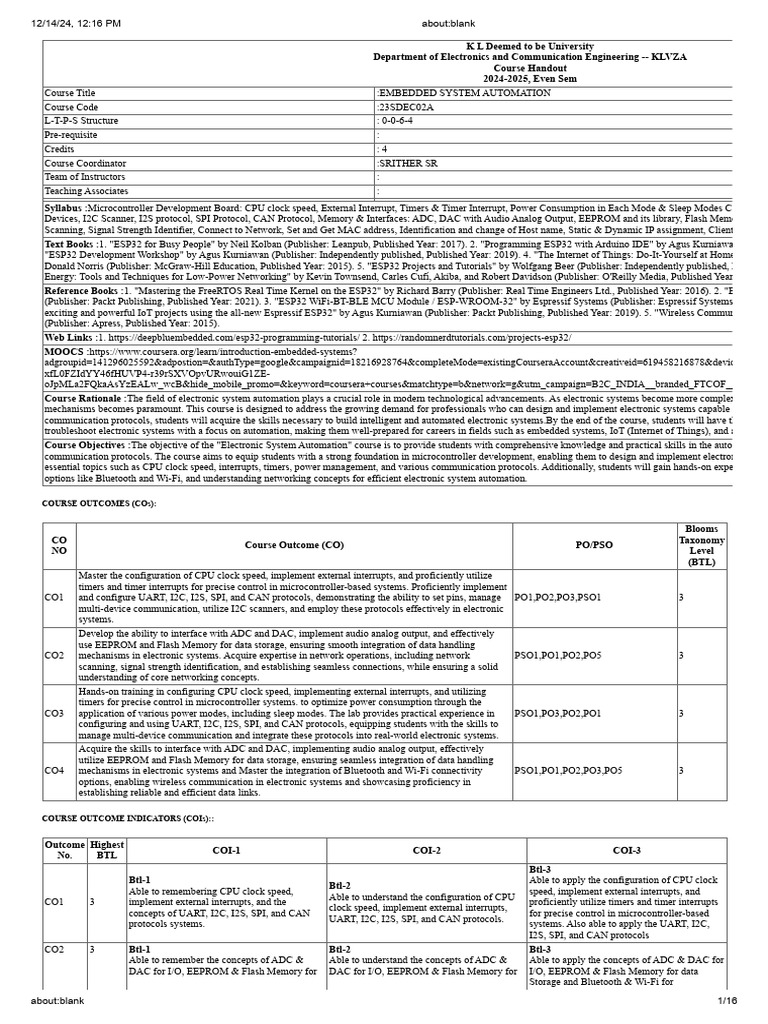 Embedded System Automation-23SDEC02A Handout | PDF | Engineering | Microcontroller