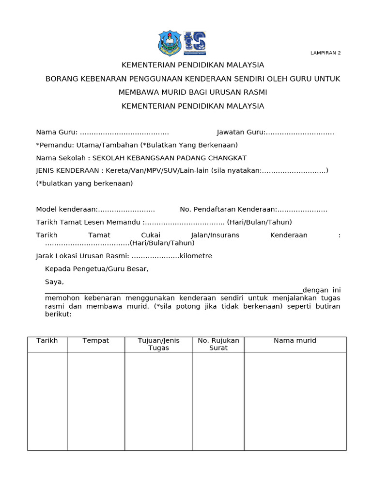 Contoh Borang Menggunakan Kenderaan Sendiri Sekolah Rendah | PDF