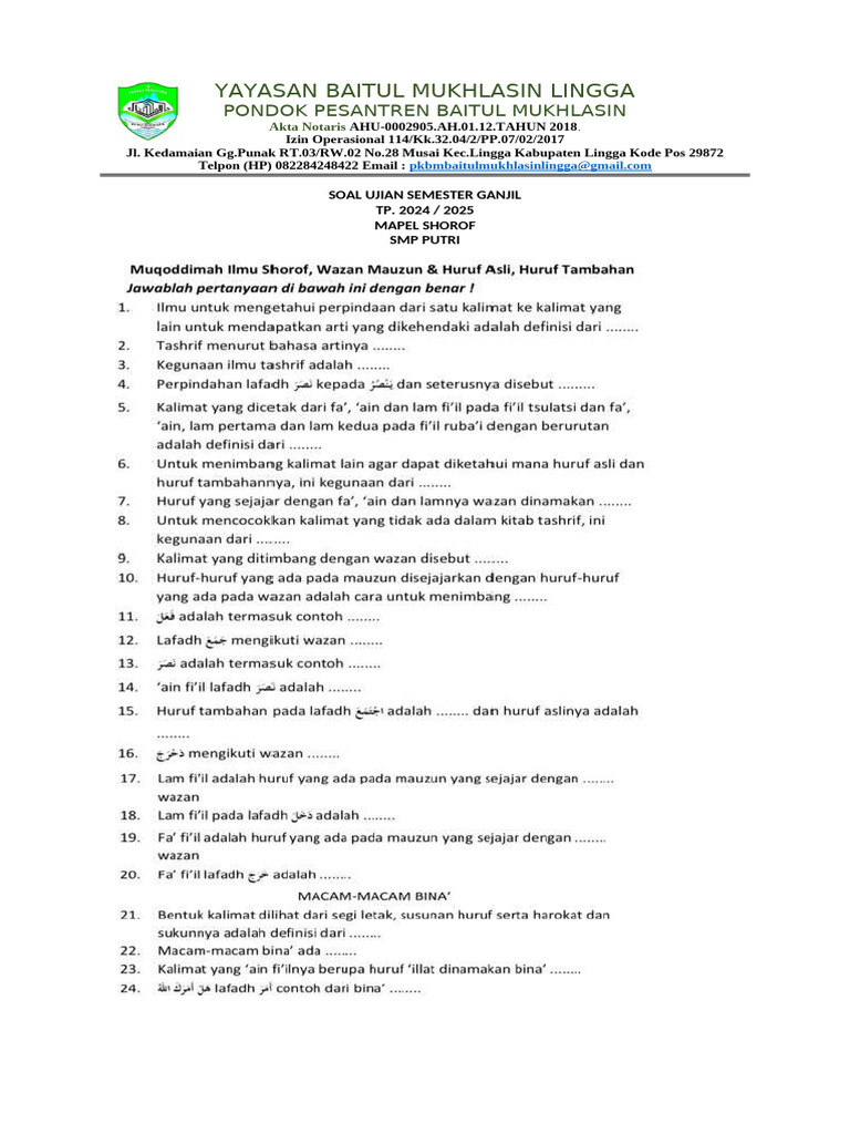 SOAL SHOROF SMP PUTRI USTZAH SOFI | PDF