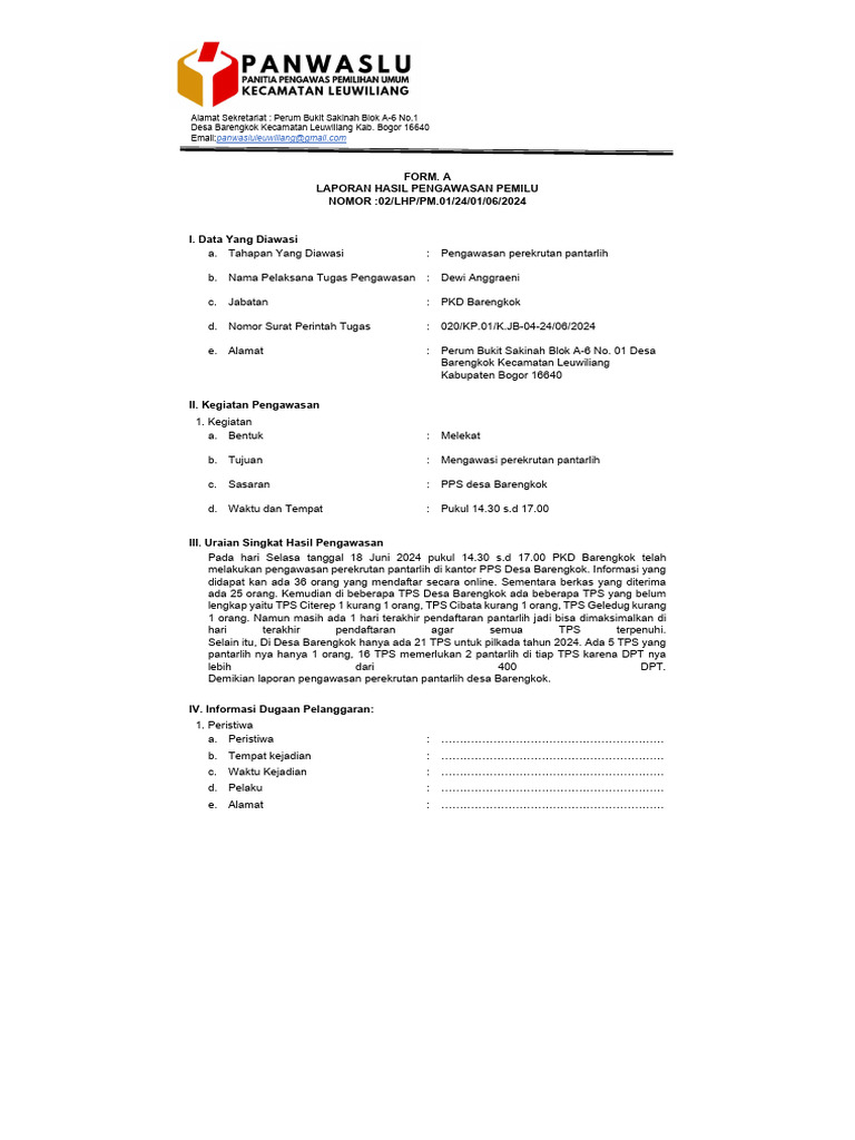 2024-06-18 Juni 2024 - Form A PKD Barengkok Pengawasan Perekrutan Pantarlih | PDF