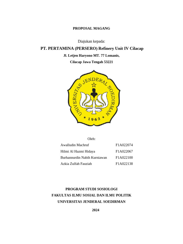 Proposal Magang di Pertamina Cilacap | PDF