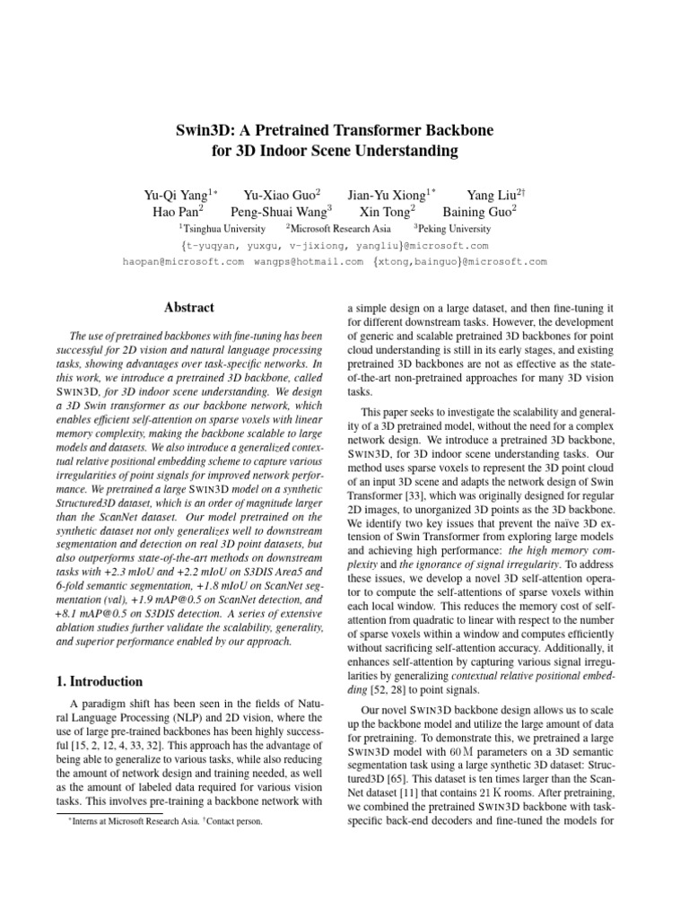 Swin3D - A Pretrained Transformer Backbone For 3D Indoor Scene ...