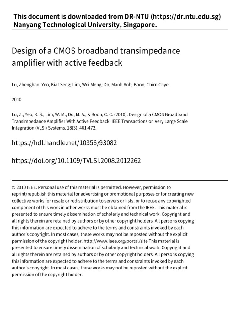 Design of A CMOS Broadband Transimpedance Amplifier With Active Feedback | PDF | Amplifier ...