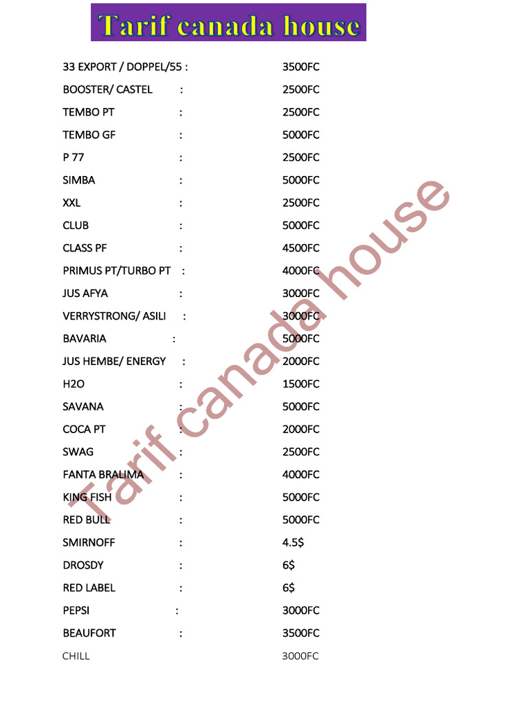 Tarif Canada House | PDF