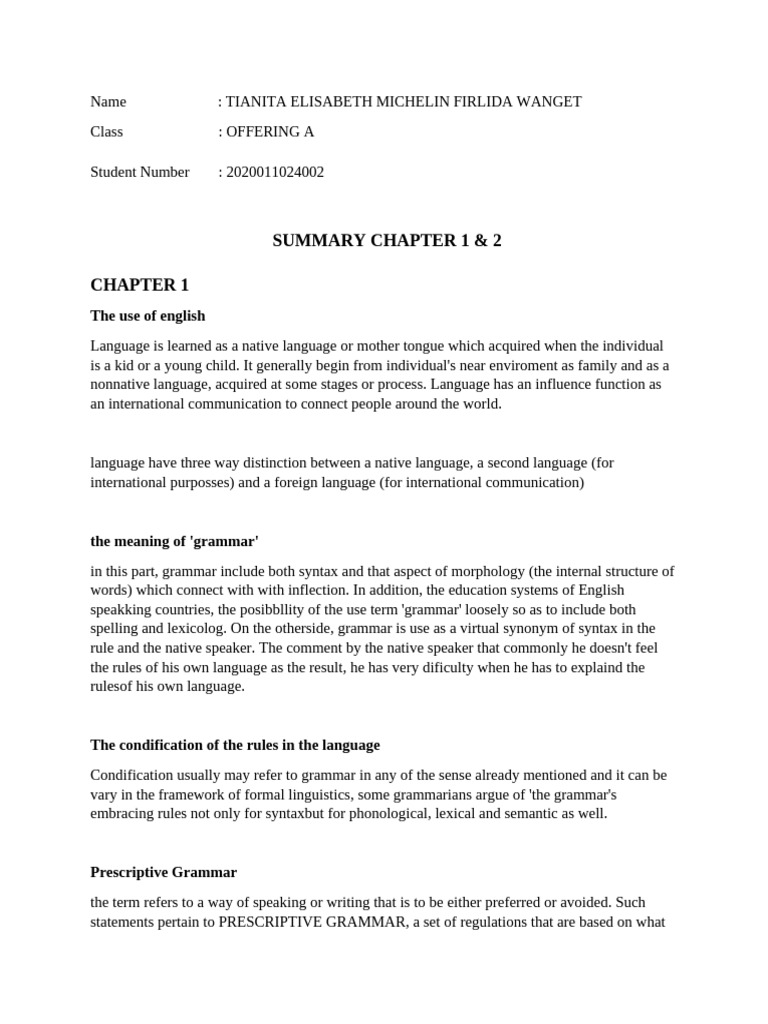 SUMMARY CHAPTER 1 & 2 grammar | PDF | Part Of Speech | Subject (Grammar)