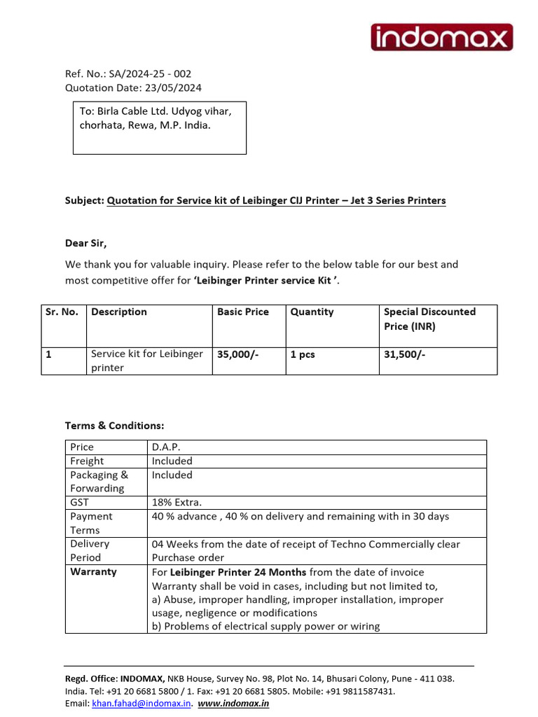 Birla Quotation-Leibinger Service Kit-15-May-2024 | PDF