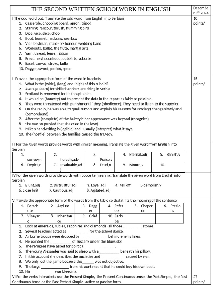 English Schoolwork: Vocabulary Exercises | PDF