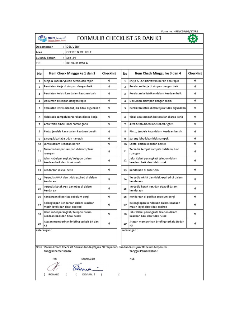 CheckSheet 5R September 2024 Jombang | PDF