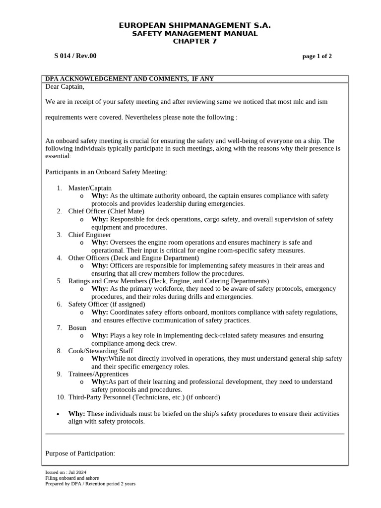 Forza Roma S 014 Vessel Monthly Safety Committee Meetings | PDF | Sea ...