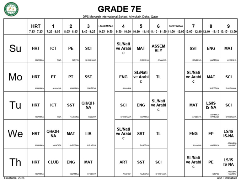 DPS Monarch School 2024 Timetable | PDF