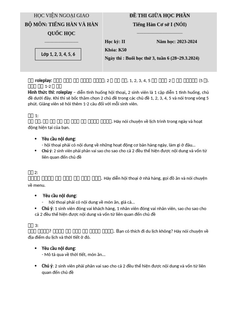 Đề Nói Giữa Kì. NN2. THCS 1. k50 | PDF
