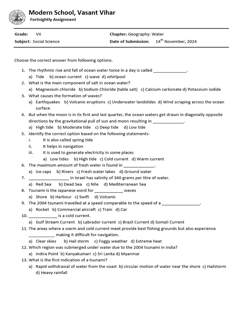 Geography Assignment: Water for Grade VII | PDF | Oceans | Sea