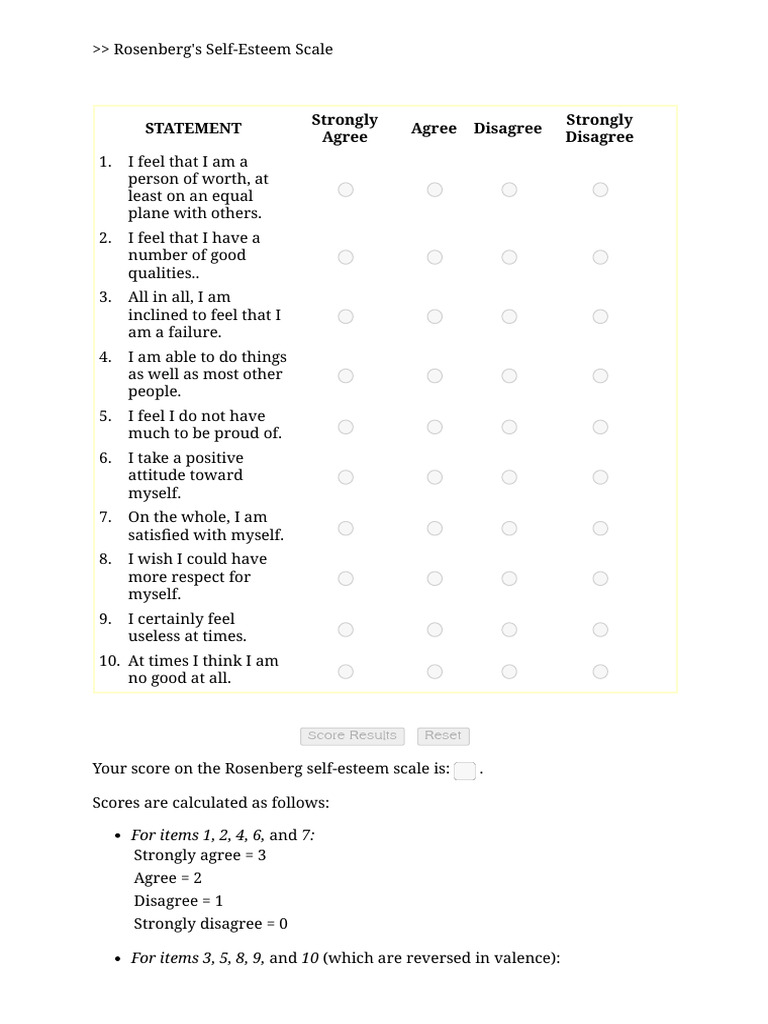 Rosenbergs Self Esteem Scale | PDF