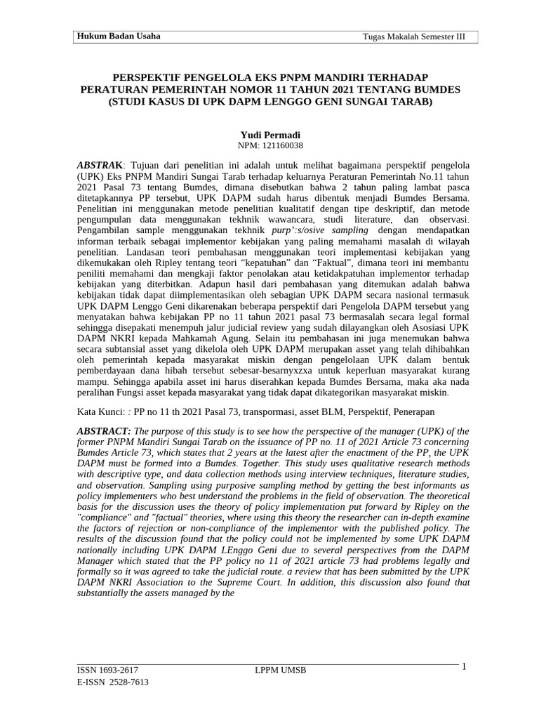 PERSPEKTIF PENGELOLA EKS PNPM MANDIRI TERHADAP PERATURAN PEMERINTAH NOMOR 11 TAHUN 2021 TENTANG ...