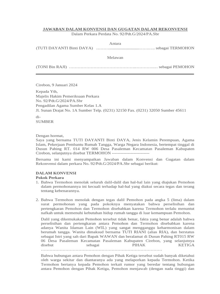 Jawaban Dalam Konvensi Dan Gugatan Dalam Rekonvensi | PDF