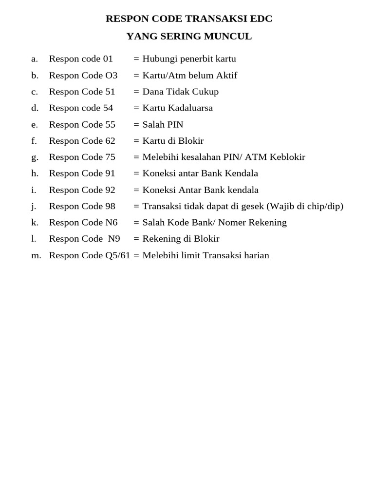 Respon Code Transaksi Edc | PDF