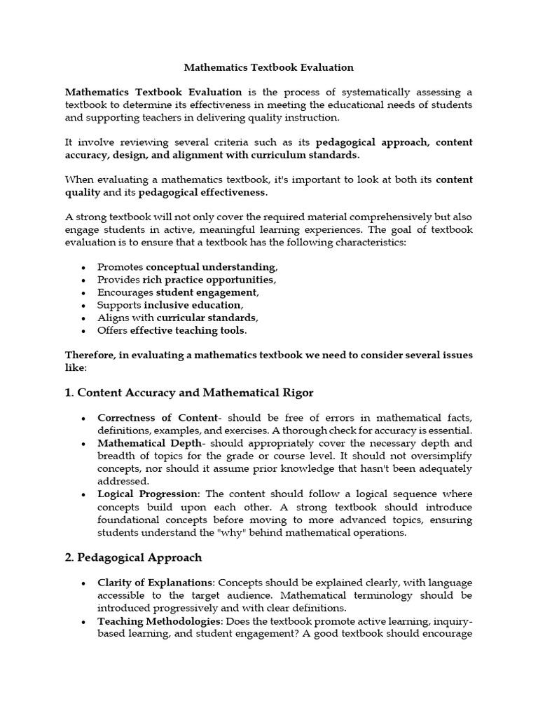 Mathematics Textbook Evaluation | PDF | Educational Assessment | Curriculum