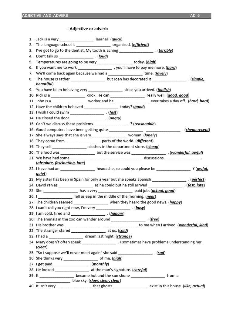 Adjectives Vs Adverbs Handout | PDF | Adverb